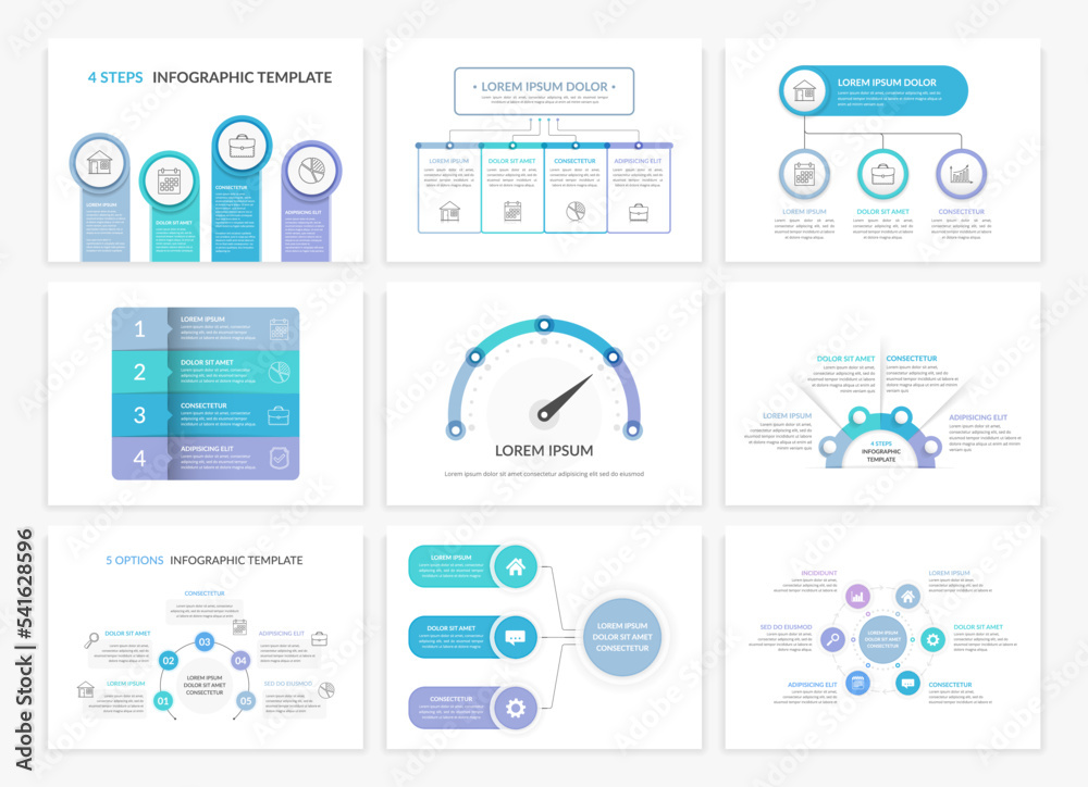 Set of 9 infographic presentation templates - process, flowchart, gauge ...