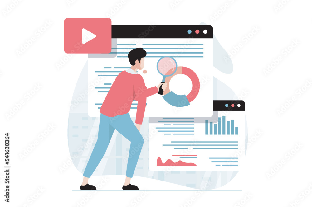 Data science concept with people scene in flat design. Man looking at ...