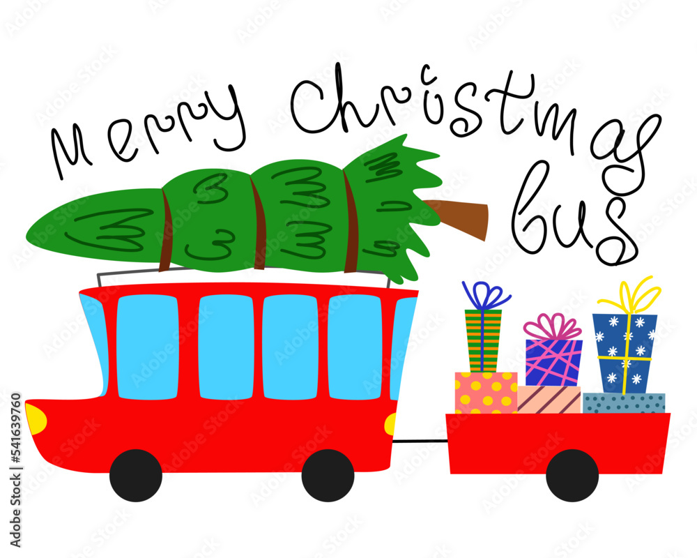 Merry Christmas greeting card. red christmas bus with trailer, fir tree ...