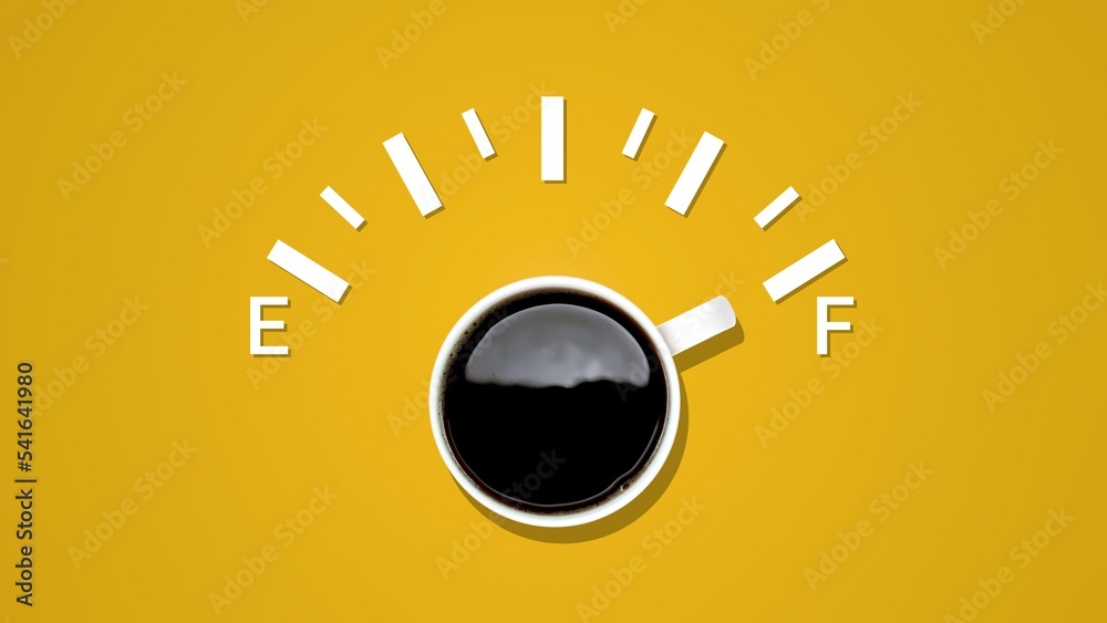 Scale of fuel indicator, showing fuel level with cup black coffee at ...