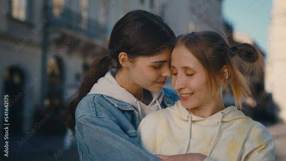 Smiling Lesbian Woman Kissing Girlfriends Cheek Feeling Happy