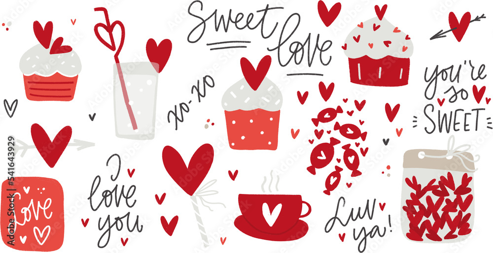 Sweet love Valentine's day clipart set with cupcake, drink, candy and ...