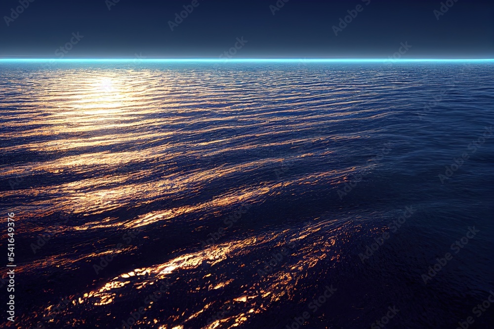 Ocean or sea in half water half sky. Rays of sunlight shining from ...