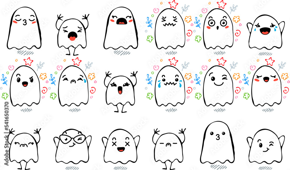 Set of Various Cartoon Ghosts with Emoticons. Doodle ghouls, eyes and ...