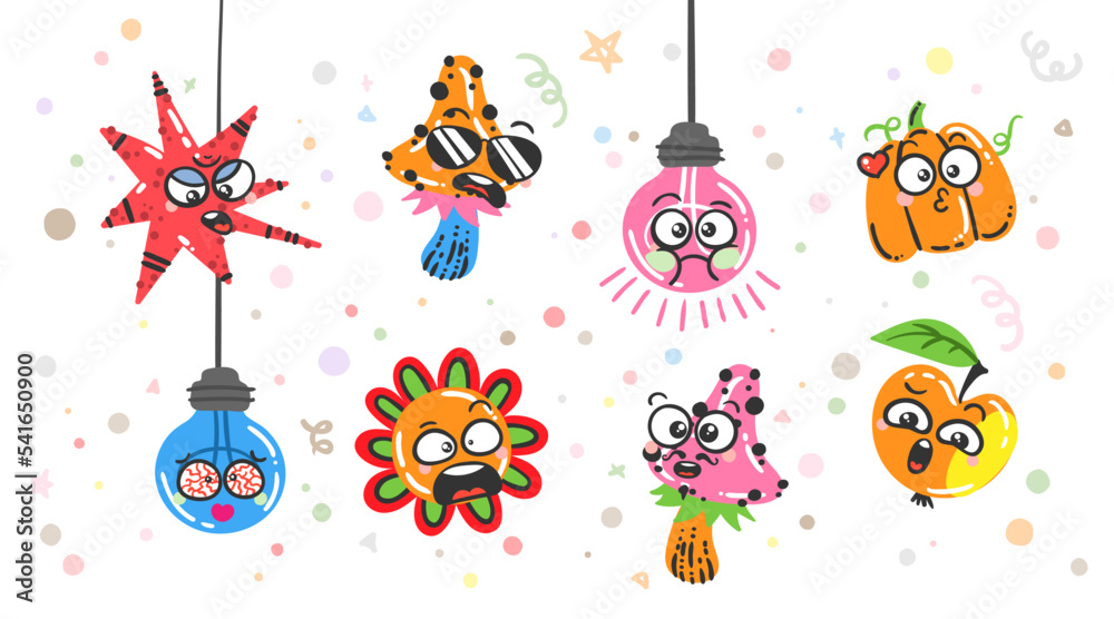 Set of Various Cartoon Elements with Emoticons. Doodle faces, eyes and ...