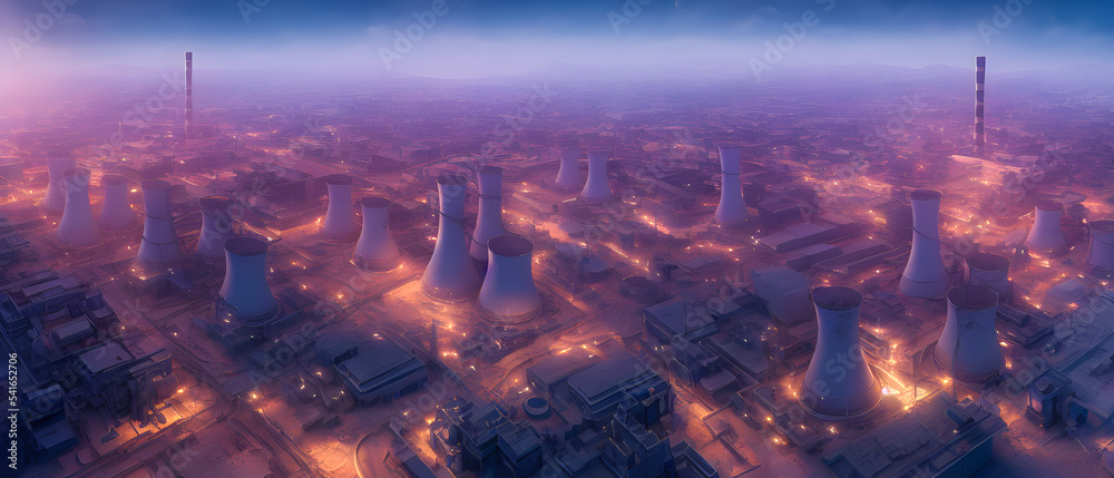 Artistic concept illustration of an aerial nuclear power plant ...