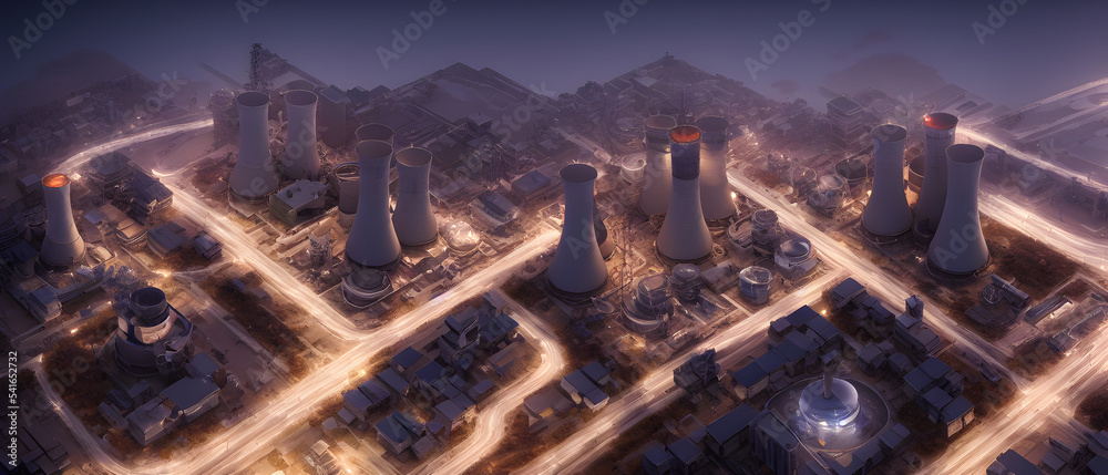 Artistic concept illustration of an aerial nuclear power plant ...