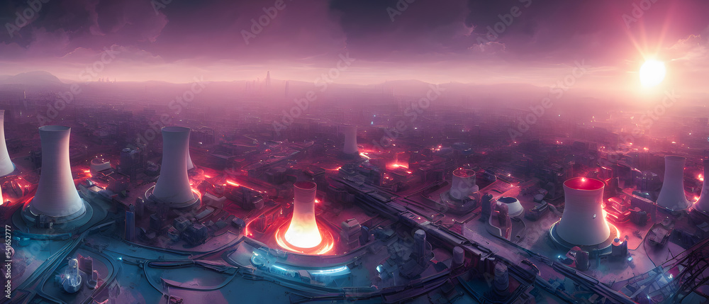 Artistic concept illustration of an aerial nuclear power plant ...