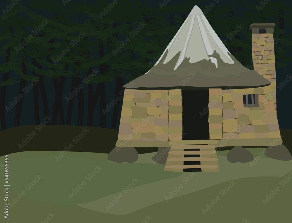 Cartoon stone hut in the pinetree forest in green shades Stock ...