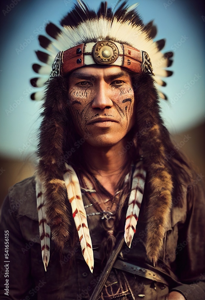 Portrait of a fictional Indian shaman from the Comanche Indian tribe ...