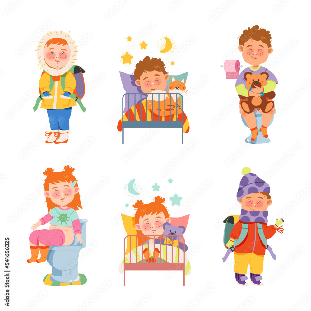 School kids day routine activities set. Cute boys and girls walking ...