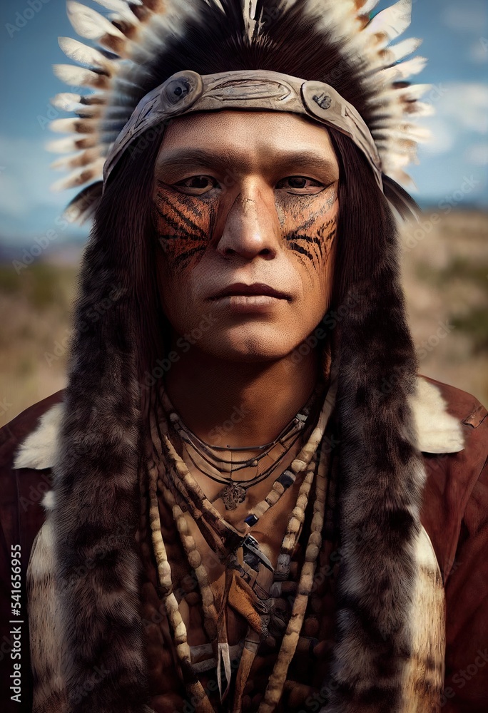 Portrait of a fictional Indian shaman from the Comanche Indian tribe ...