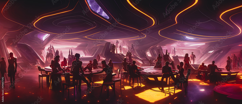 Artistic concept illustration of a futuristic night club, background ...
