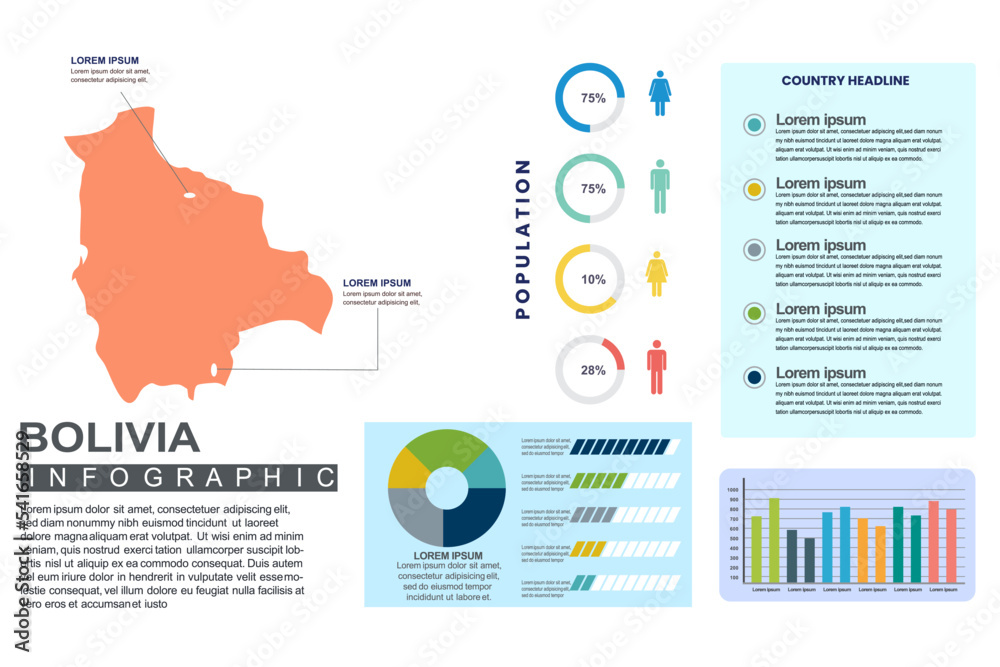 Bolivia detailed country infographic template with world population and ...