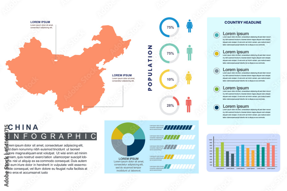 China detailed country infographic template with world population and ...