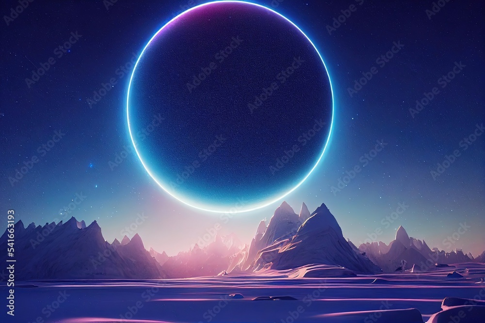 Alien planet landscape with gigantic full moon and stars in the sky ...