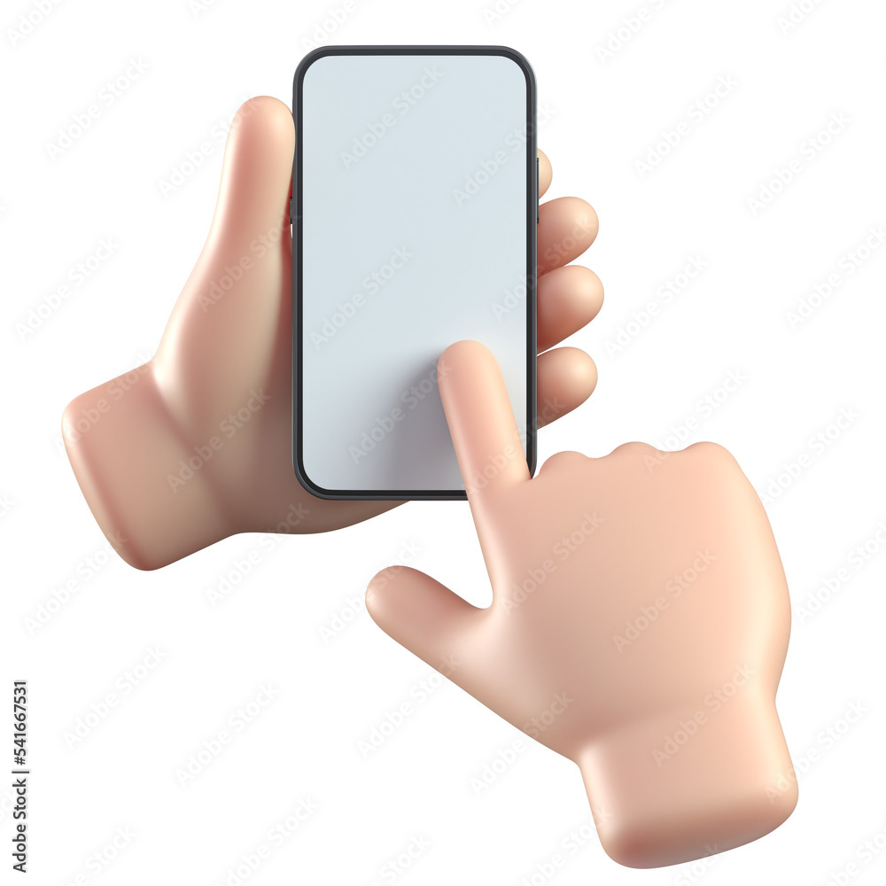 3d cartoon hands holding smartphone pointing finger on touchscreen ...