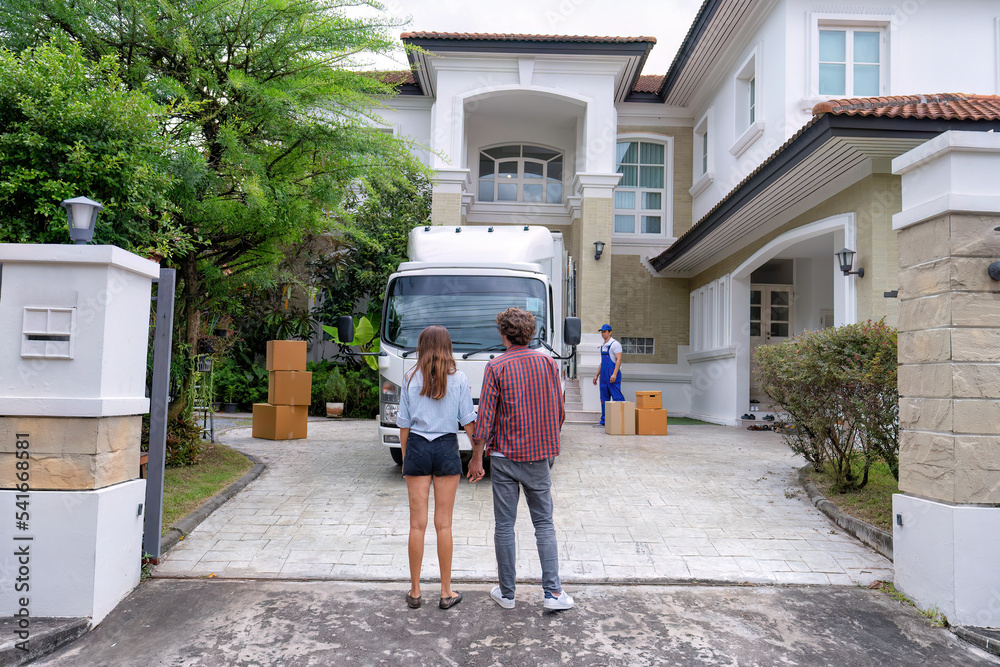 Young couple lover just move in the new house and proud for they ...
