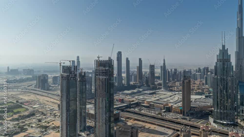 Panorama showing aerial view of tallest towers in Dubai Downtown ...