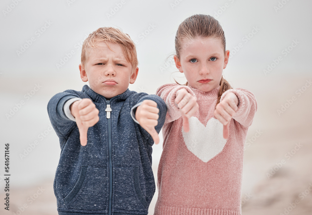 Sad children portrait, hands thumbs down or outdoor with news of ...