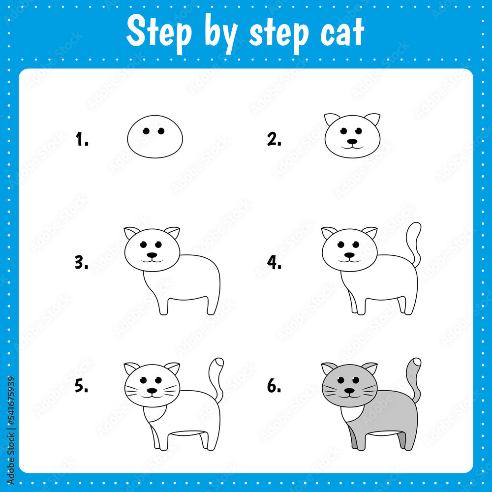 Educational worksheet for kids. Step by step drawing illustration. Cat ...