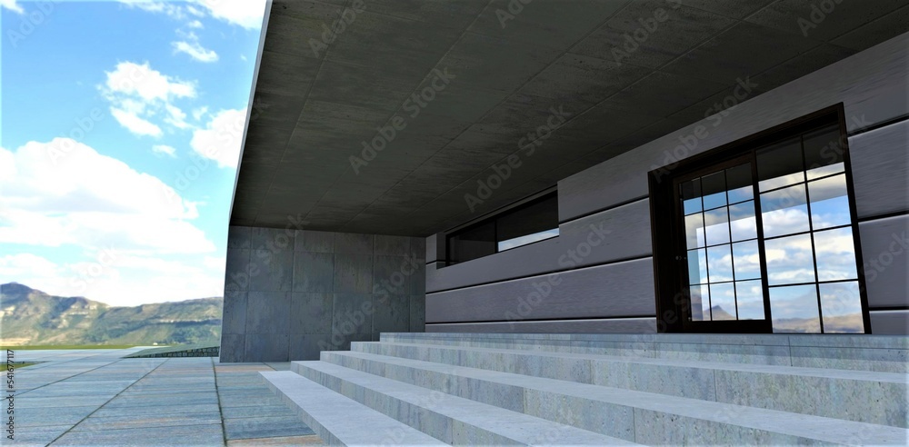 Porch design of a luxury country house. Wide monolithic concrete steps ...