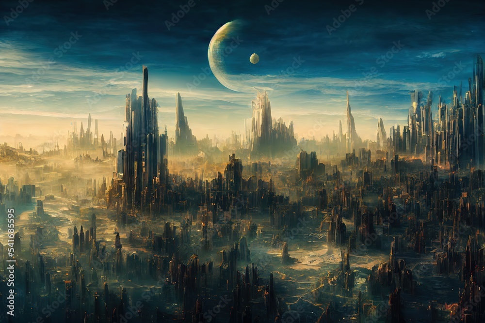 Fantasy alien city architecture with strange buildings digital ...