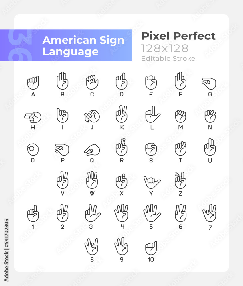 American sign language pixel perfect linear icons set. Communication ...