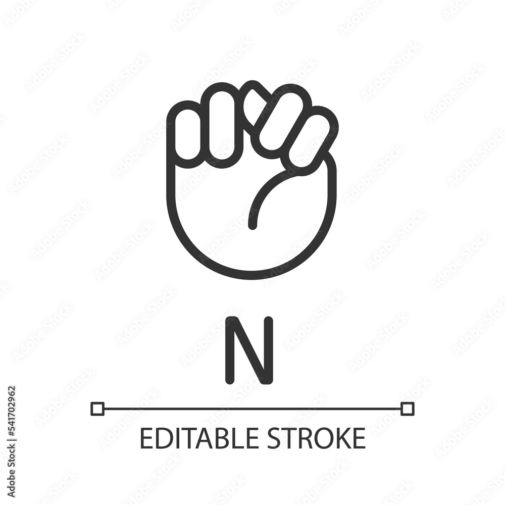 Letter N sign in ASL pixel perfect linear icon. Communication system ...