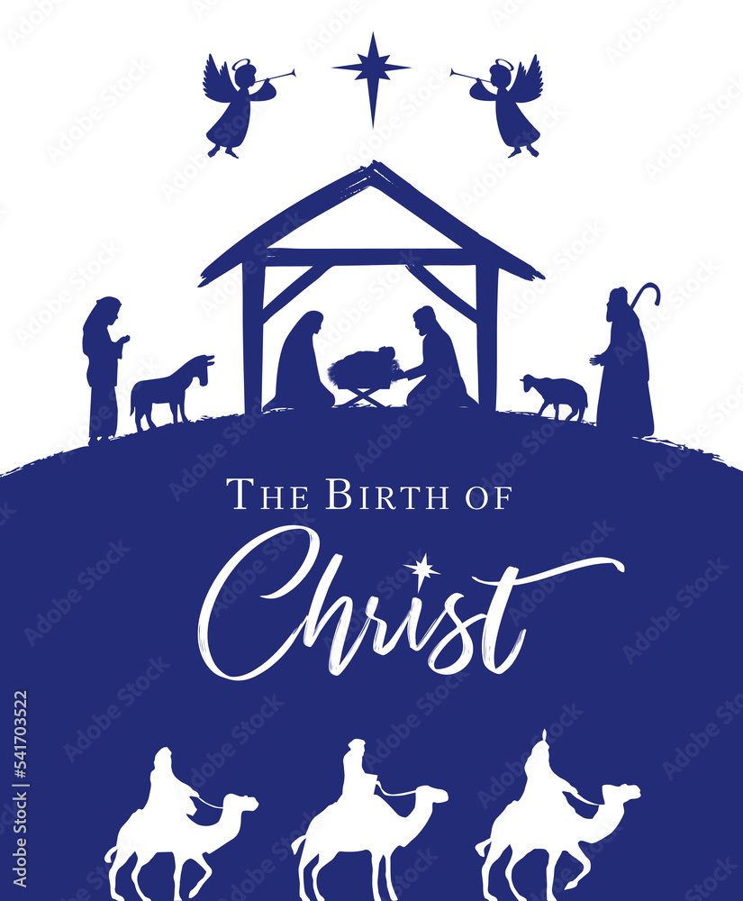 The Birth of Christ, Christmas nativity scene with manger and lettering ...