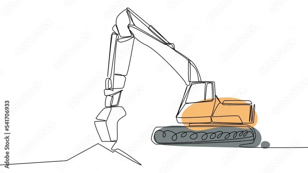 Self-drawing excavator single line on a white screen. Transport digging ...