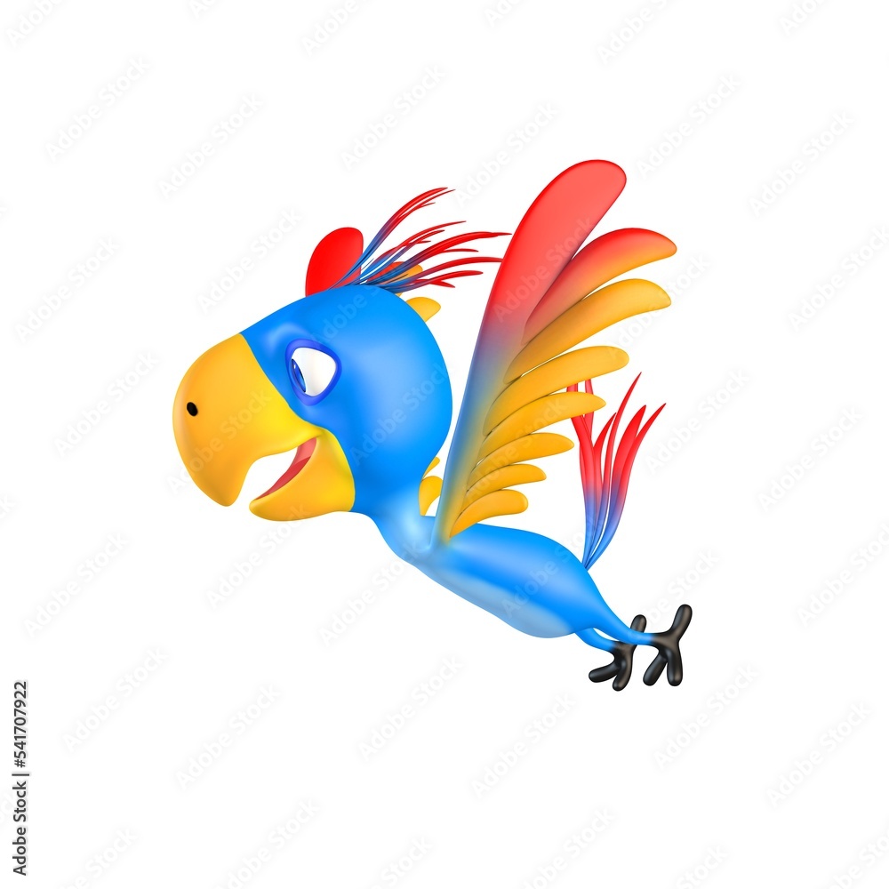 Blue cartoon parrot is flying in side view, 3D Rendering Stock ...