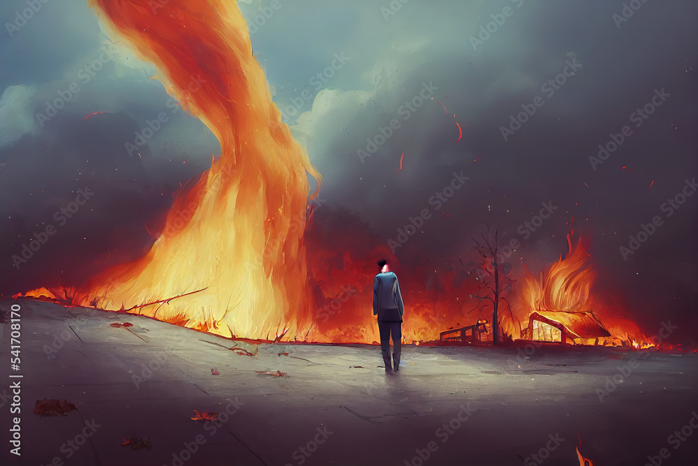 abstract fire burning landscape illustration with a man thinking about ...