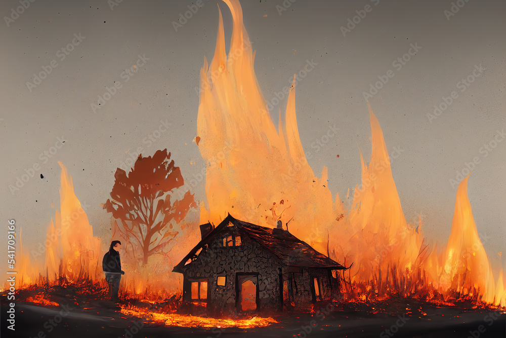cartoon illustration of a burning cottage, big fire Stock Illustration ...