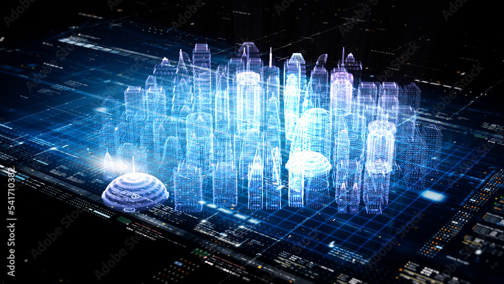 Futuristic head up display of holographic city digitally generated ...
