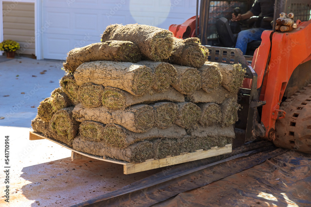 An boom forklift unloads turf rolls in pallets on construction site ...