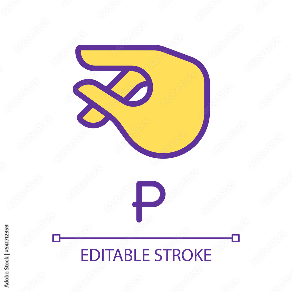 Letter P sign in ASL pixel perfect RGB color icon. System of nonverbal ...