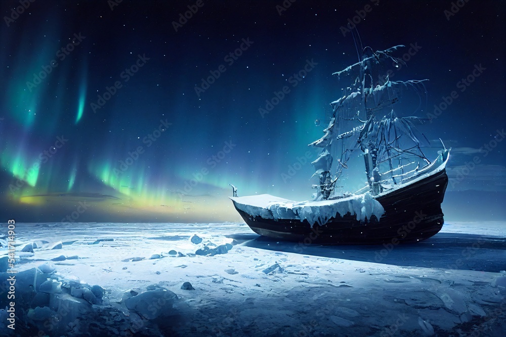 pirate ship in the frozen ozean, polar lights ice landscape, aurora ...