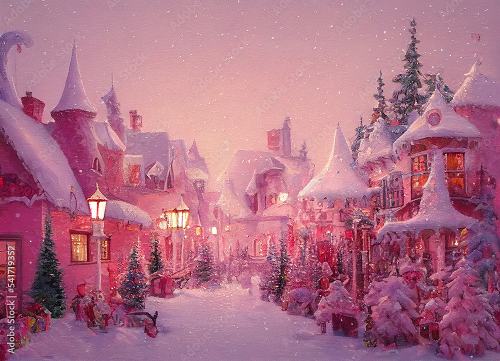 little pink winter Christmas town, whimsical art, background, digital ...
