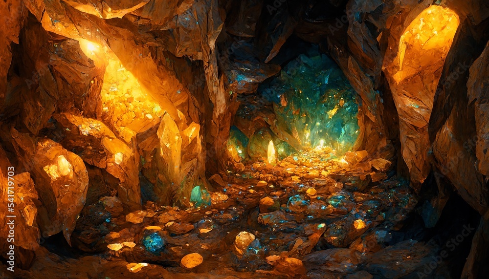 Fantasy setting gold mine tunnel with glittering gold, colorful jewels ...