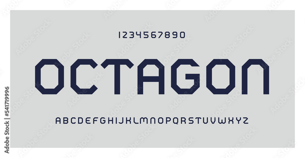 Octagonal typography. Geometric font, set of numbers and letters ...
