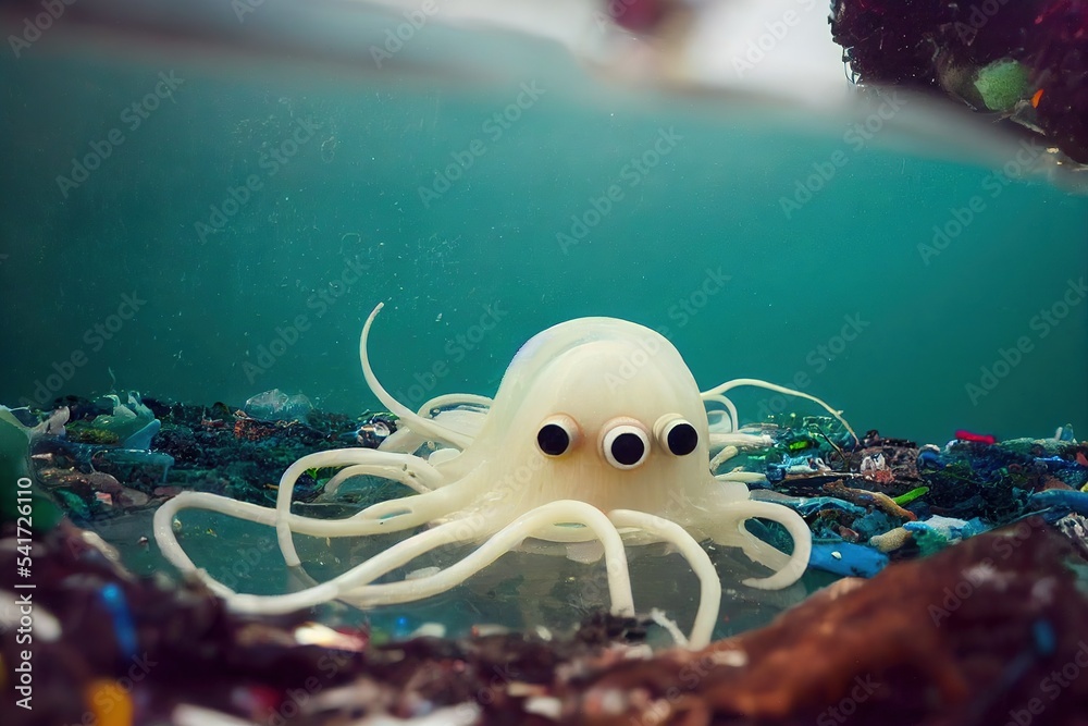 Squid stucked in plastic bottles and living in trash in the ocean ...