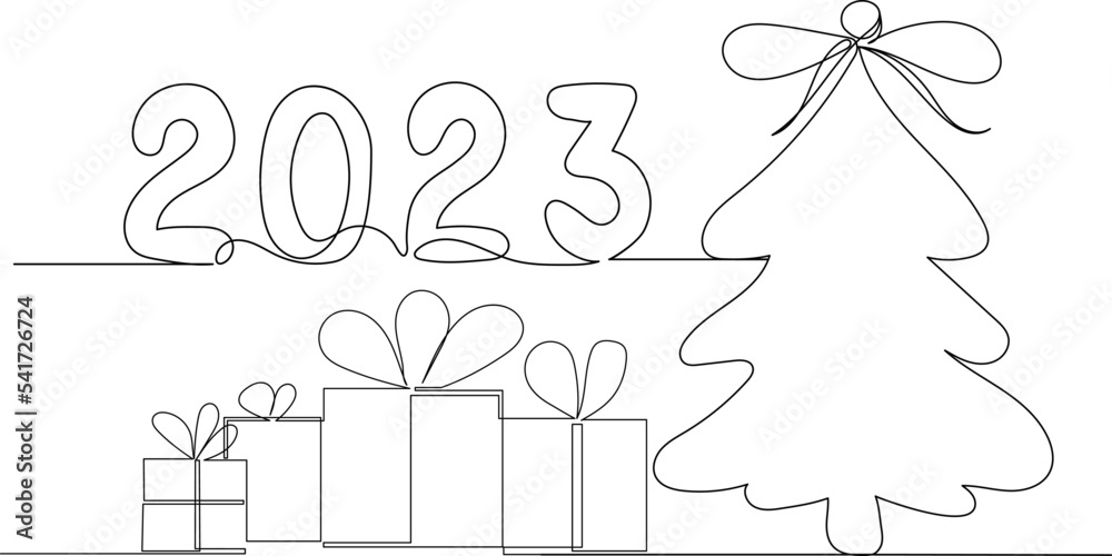 2023 year tree and gifts one continuous line drawing, isolated, vector ...