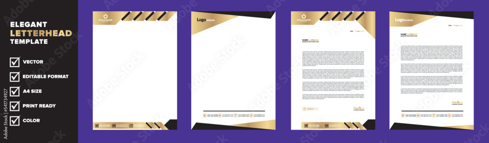 gold letterhead template for company stationery design with A4 sheet ...