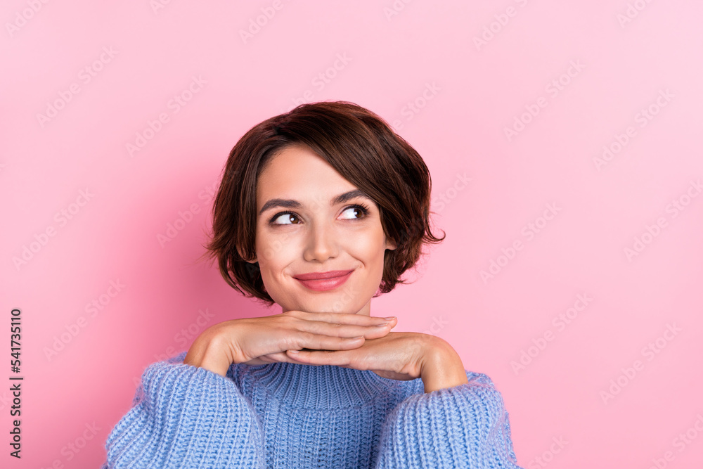 Portrait of pretty lovely feminine lady looking empty space dreaming ...