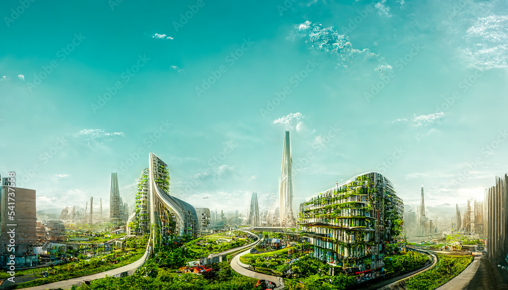 Spectacular eco-futuristic cityscape ESG concept full with greenery ...