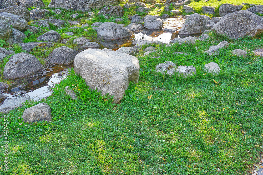 Flowing water between stones and green grasses Stock Photo | Adobe Stock