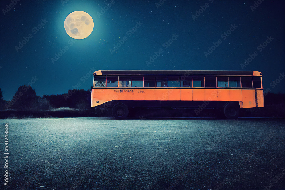 School bus abandoned in the night, under the light of the full moon. A ...
