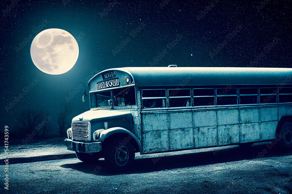 A school bus was abandoned overnight under the light of the full moon ...