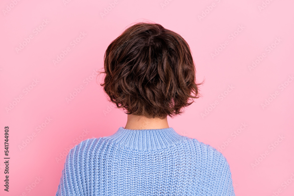 Rear behind portrait of young person nice hairstyle isolated on pastel ...